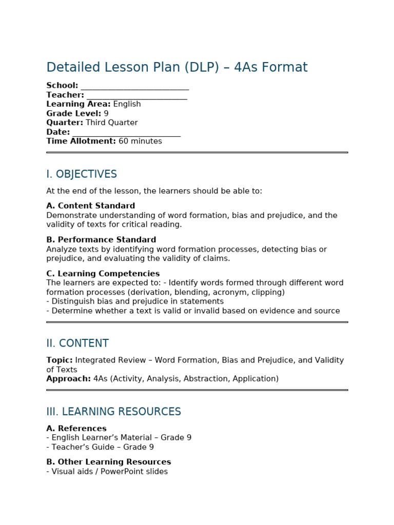 Grade 9 English DLP - Welcome Back Integrated Review (q3) | PDF | Bias ...