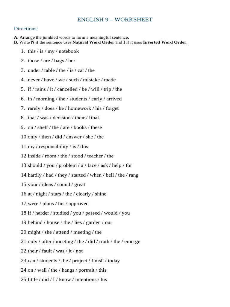Printable Worksheet – Word Order (Natural and Inverted) | PDF