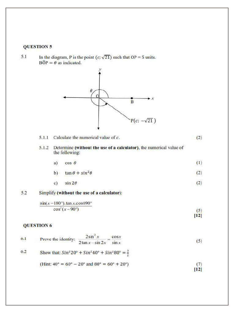 Mathematics Grade 12 Trigonometry Past Papers | PDF