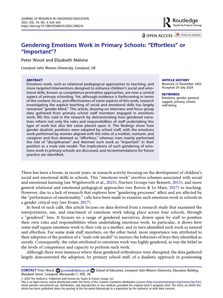 Wood-Gendering Emotions Work in Primary Schools Effortless or Important ...
