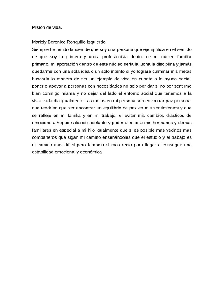 Misión de vida Mariely Berenice Ronquill Izquierdo | PDF