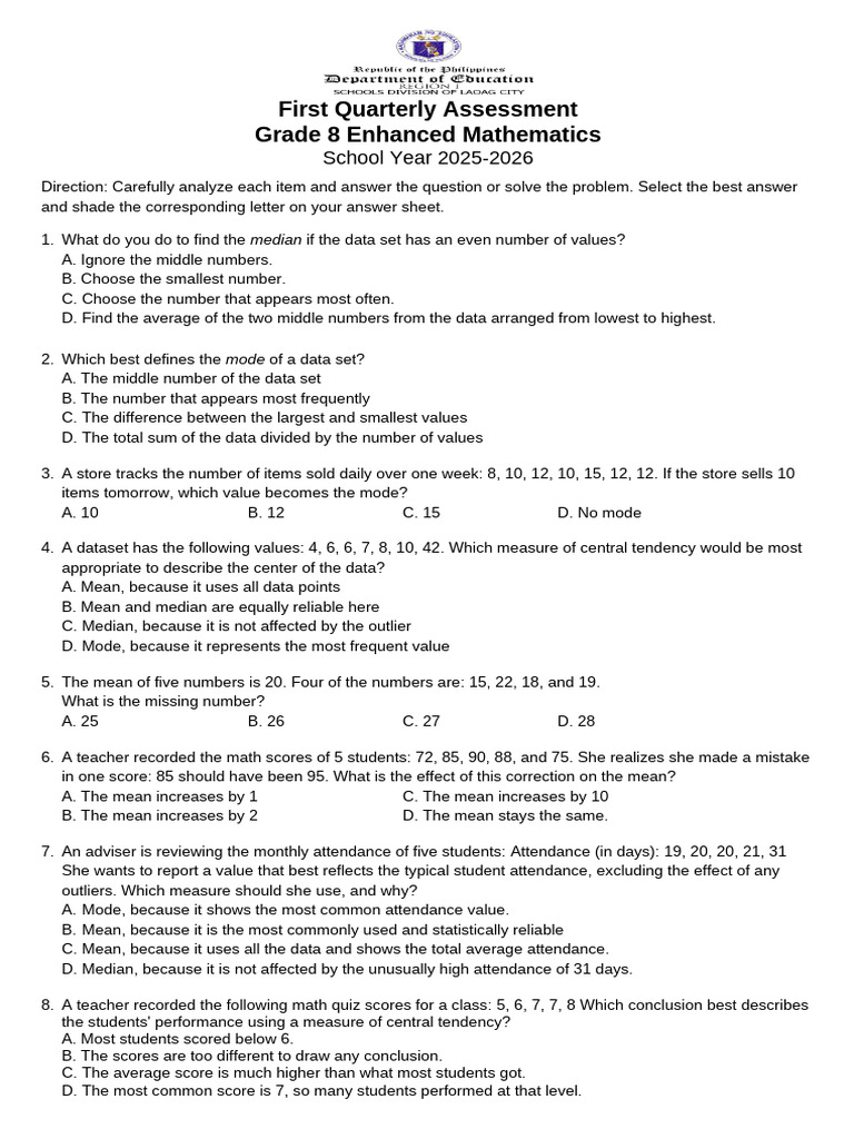 First Grading Mathematics 8 | PDF | Factorization | Mean