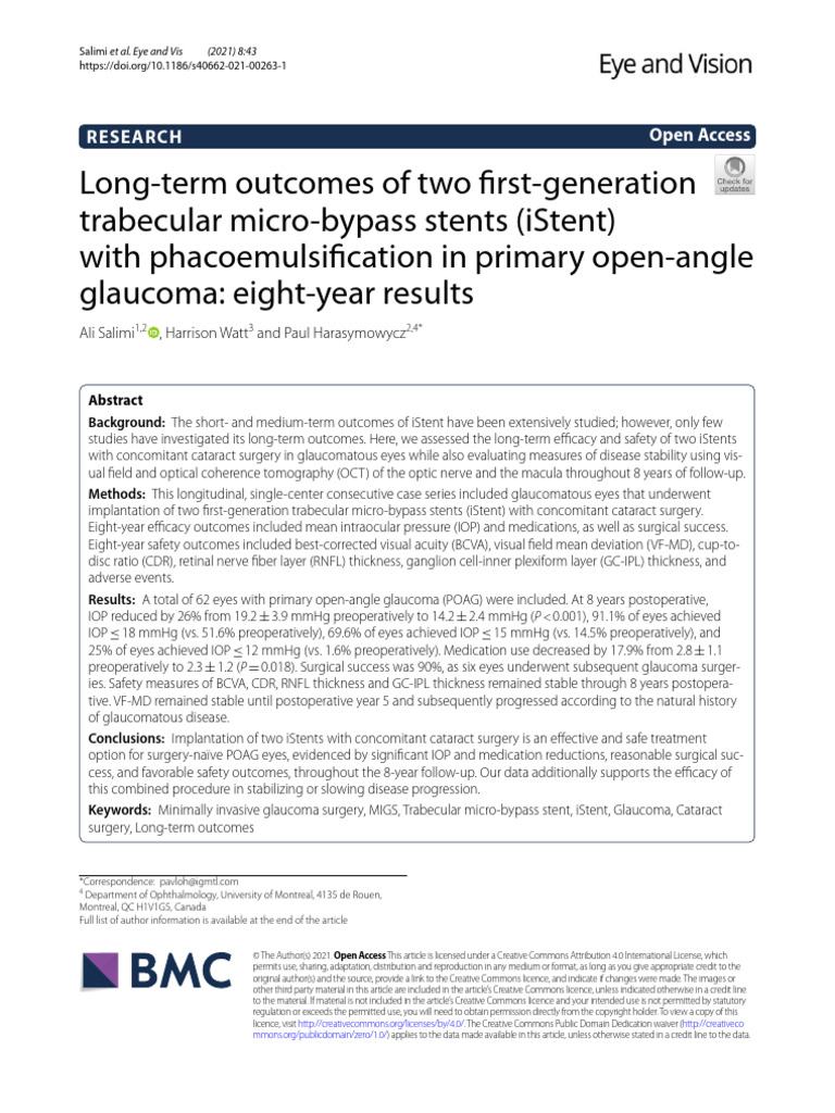 Salimi 2021 Eye & Vision_8Y iStent+phaco | PDF | Glaucoma | Medical ...