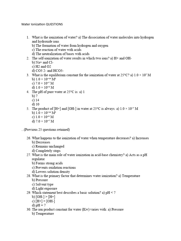 Water Ionization QUESTIONS | PDF | Ph | Acid