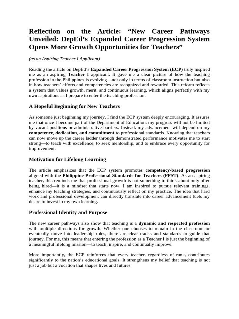 Reflection On The Article: "New Career Pathways Unveiled: Deped'S ...