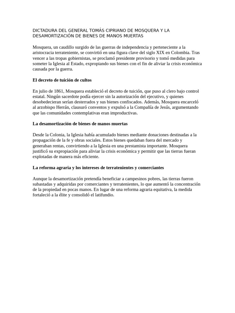 Dictadura Del General Tomás Cipriano de Mosquera y La Desamortización ...