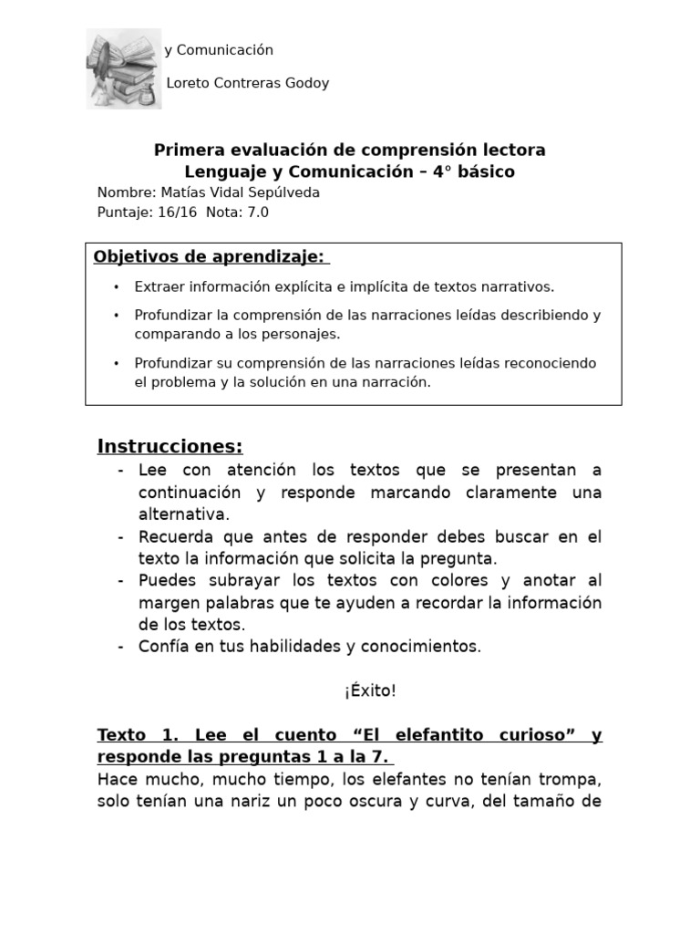 Primera Evaluación de Comprensión Lectora | PDF | Las aventuras de ...