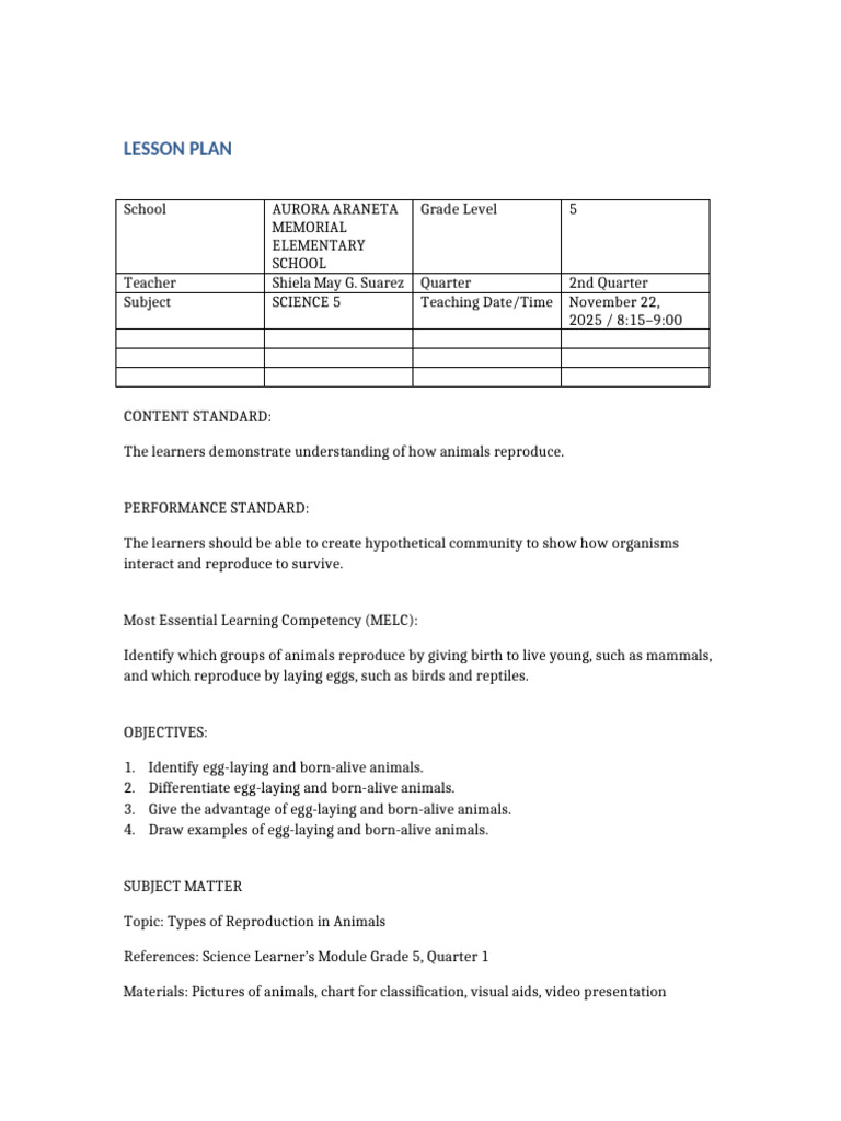 Science5 LessonPlan BirthEggs | PDF | Learning | Egg