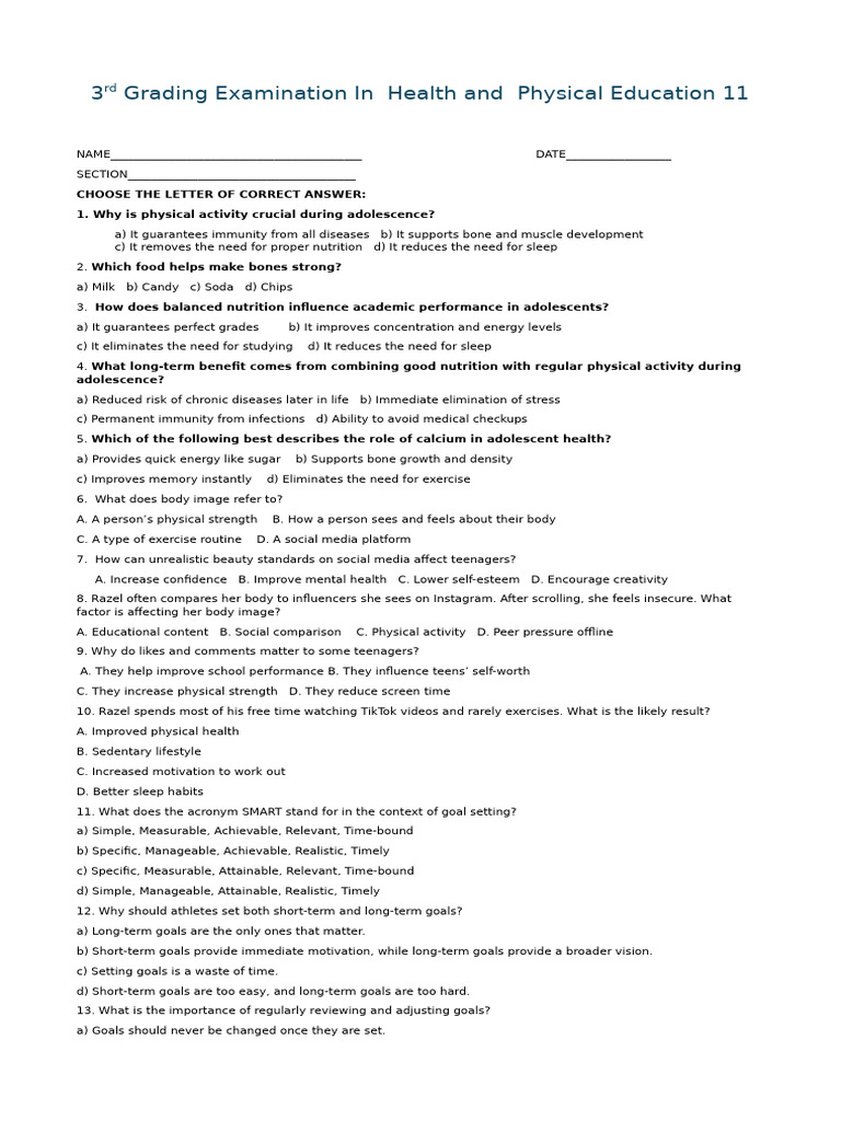 3rd Grading Examination in Physical Education 11 | PDF | Adolescence ...