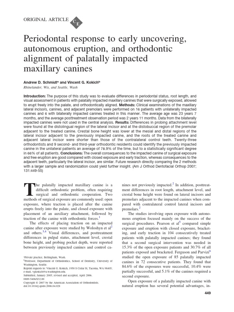 Schmidt Kokich Early Cuspid Exposure 2 | PDF | Dental Anatomy ...
