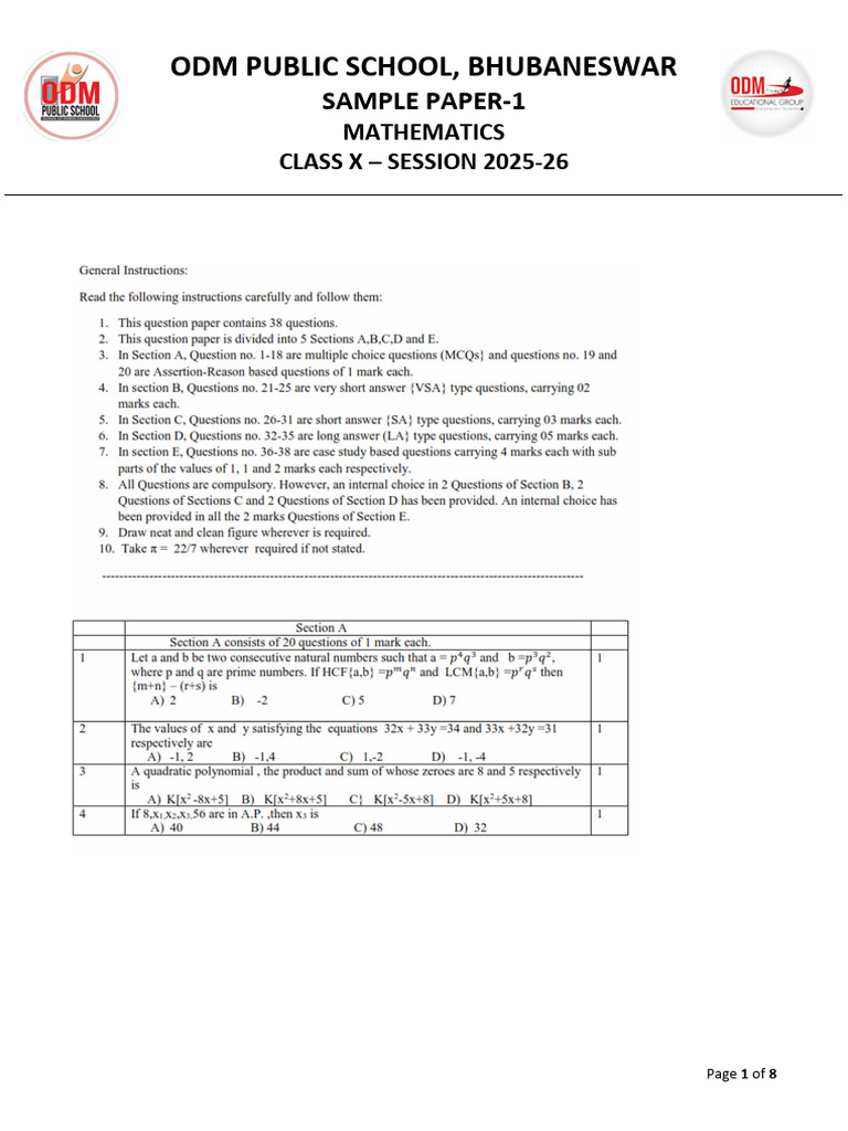 Math Sample Paper 1 | PDF
