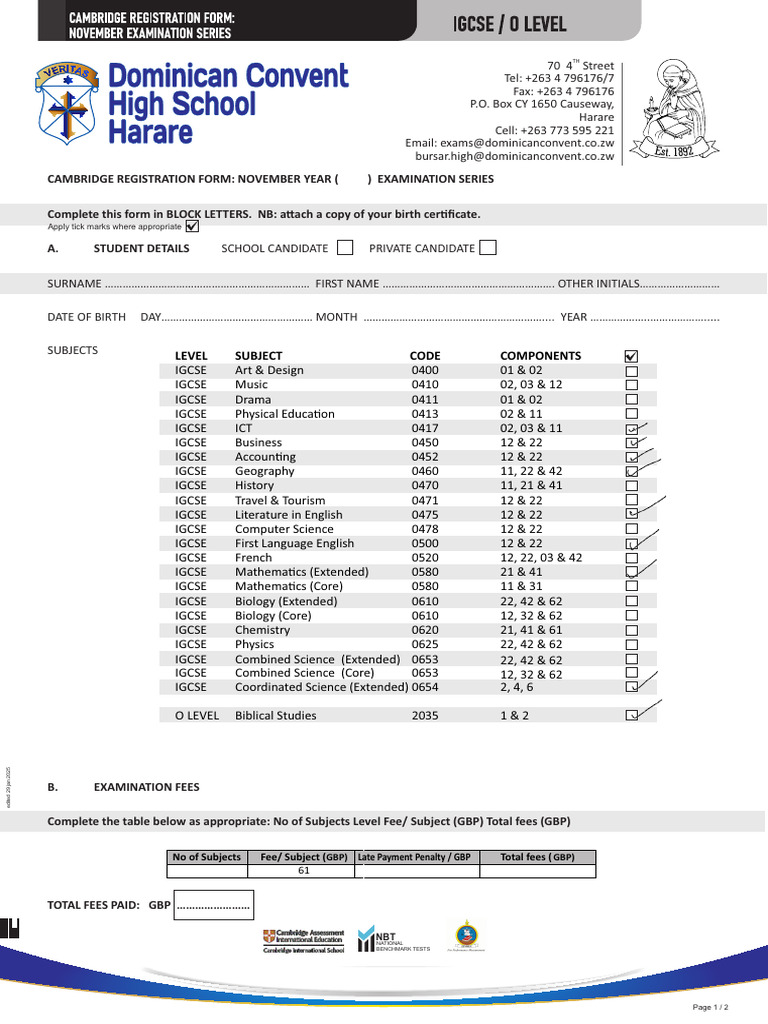 Cambridge Registration November Forms IGCSE O LEVEL 2025 (2) | PDF