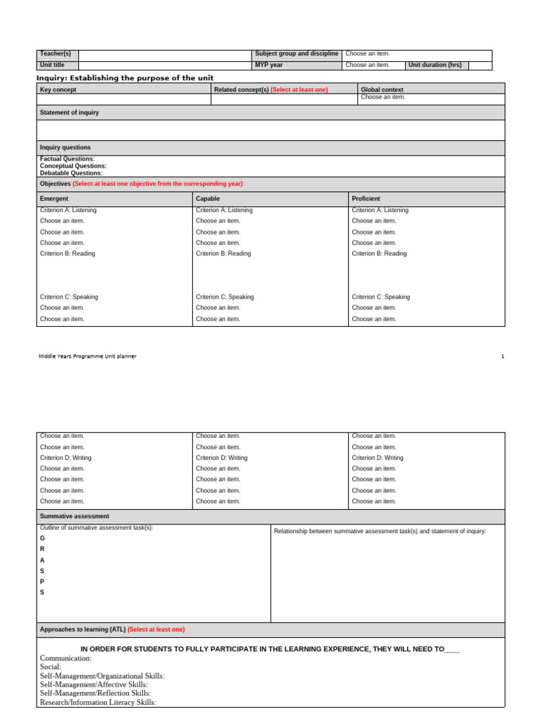 Inquiry: Establishing The Purpose of The Unit: (Select at Least One ...