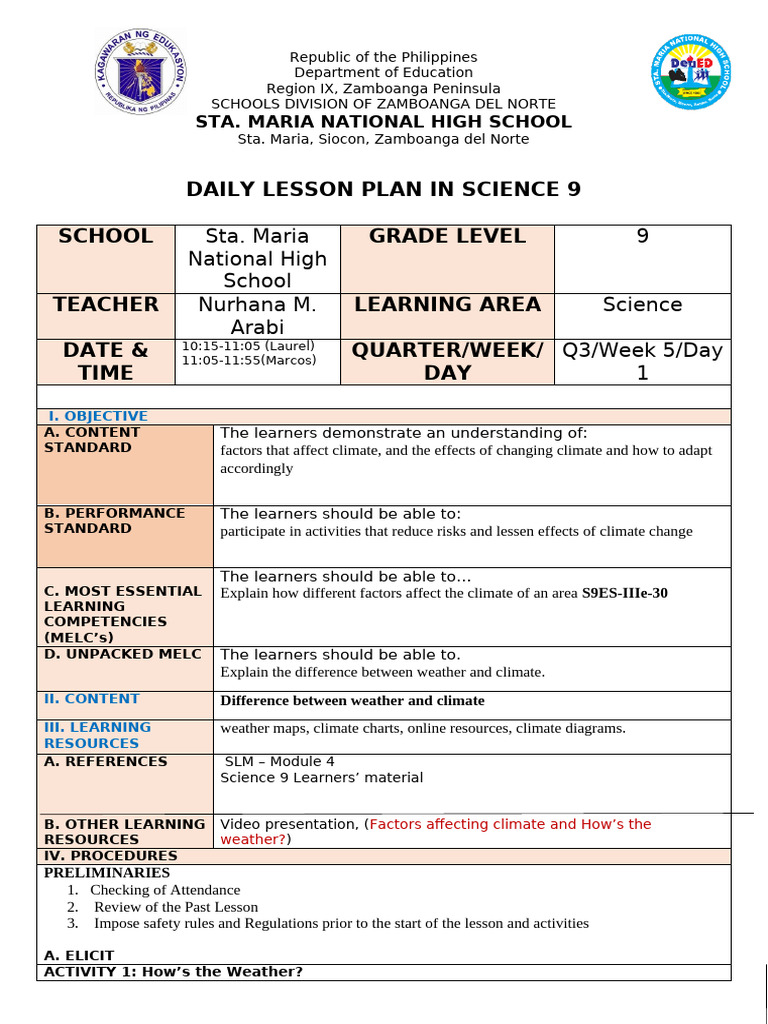 DLP Science 9 q3 w5 Day1 | PDF | Weather | Climate