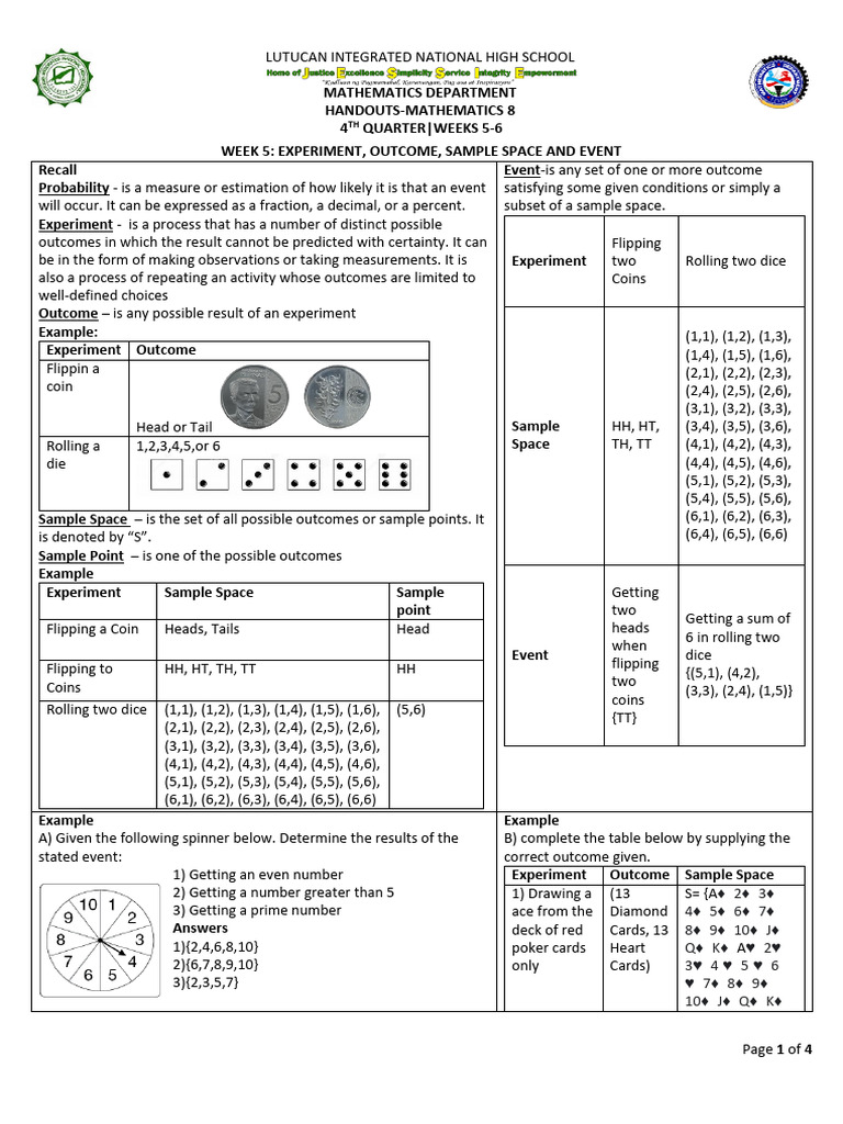 Q4 Math 8 Weeks 5 6 Hand Out and Post Assessment | PDF | Probability ...