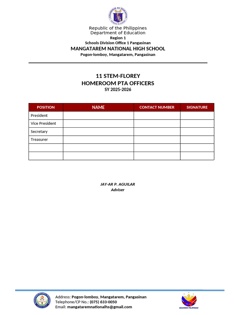 Homeroom Pta Officers Template (1) | PDF