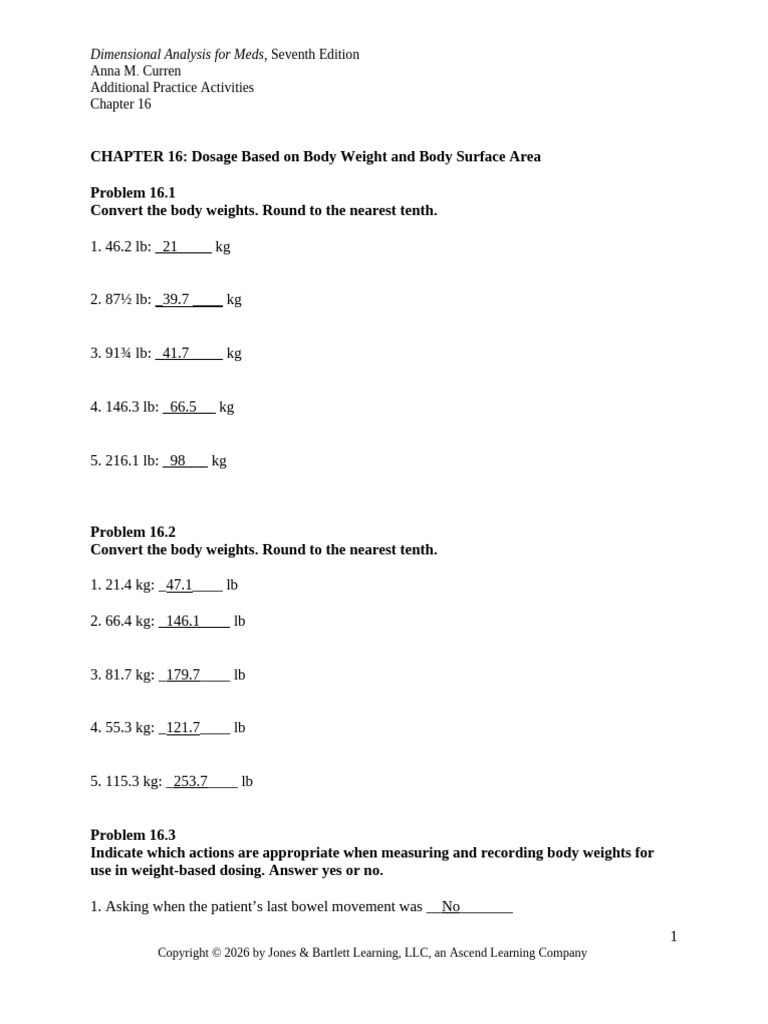 Ch. 16 Dosage Based on Body Weight and Body Surface Area (BSA ...