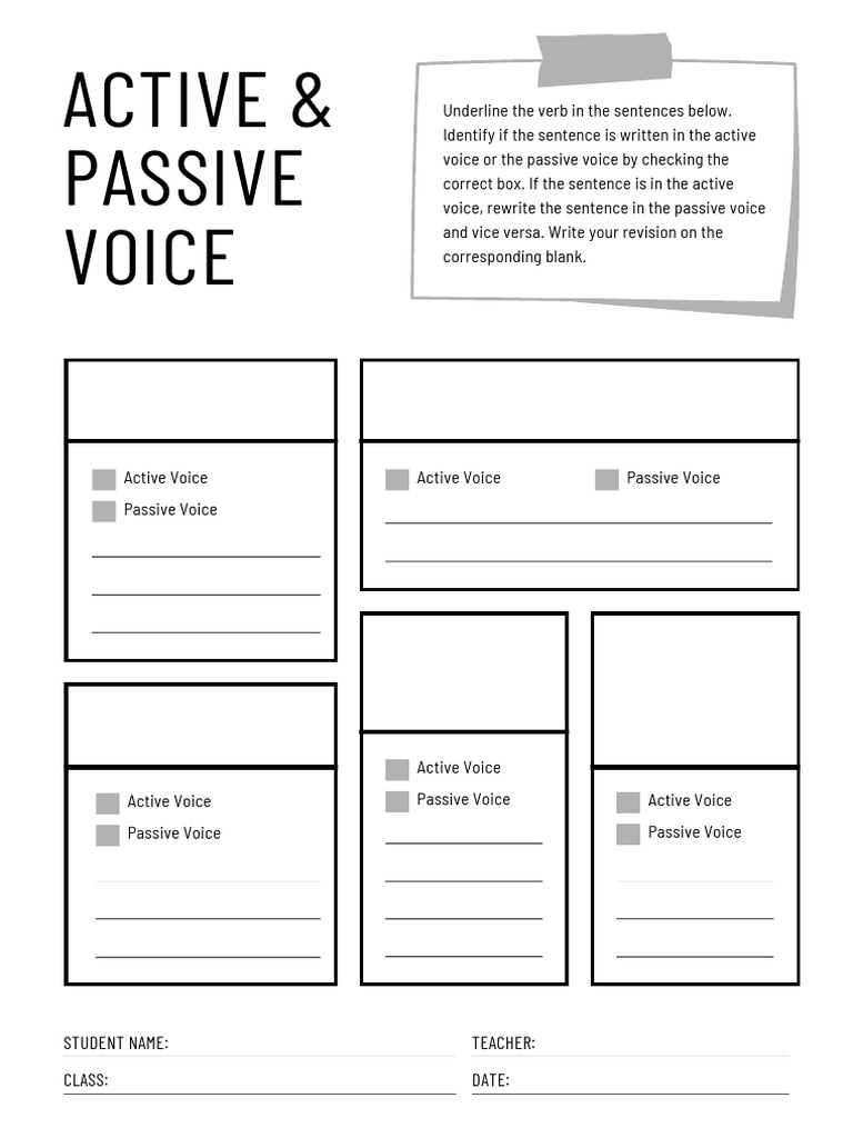 Black and White English Active and Passive Voice Printable Worksheet | PDF