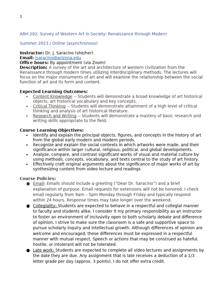 ARH 202 Syllabus Su 23 (1) | PDF | Lecture | Human Communication