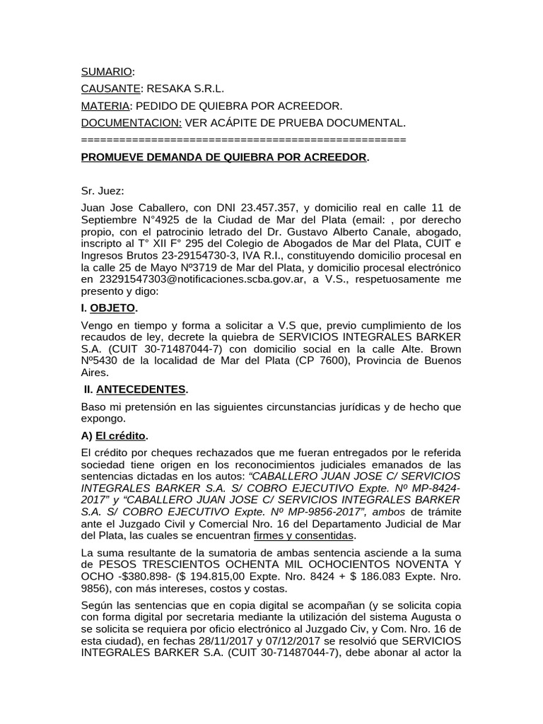 Quiebra Modelo | PDF | Bancarrota | Sentencia (ley)
