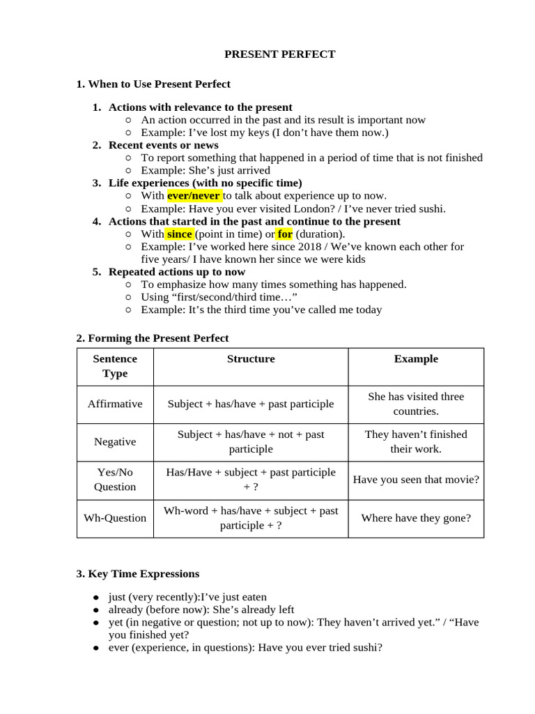 Present Perfect - Lesson Notedocx | PDF | Chess Theory | Grammar