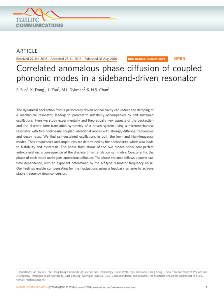 16 Nat Comm Phase Diffusion | PDF | Normal Mode | Resonance