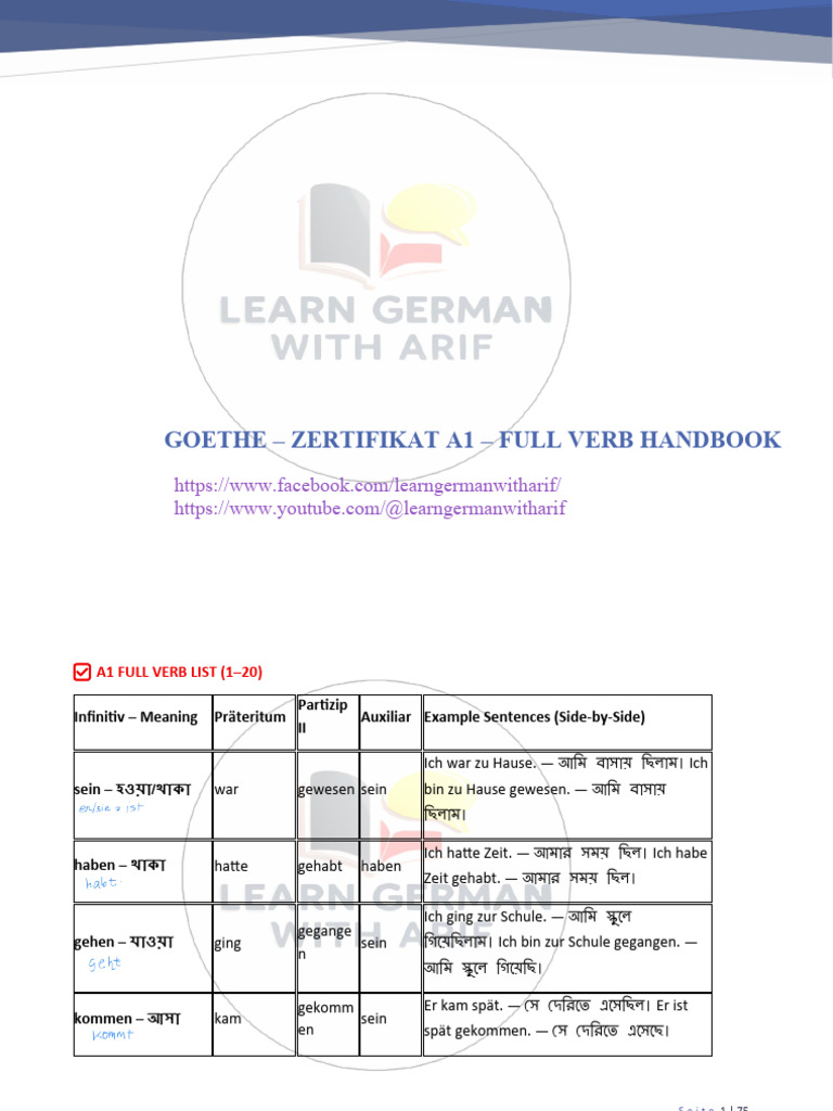 A1 FULL VERB LIST ( Learn German with Arif ) | PDF