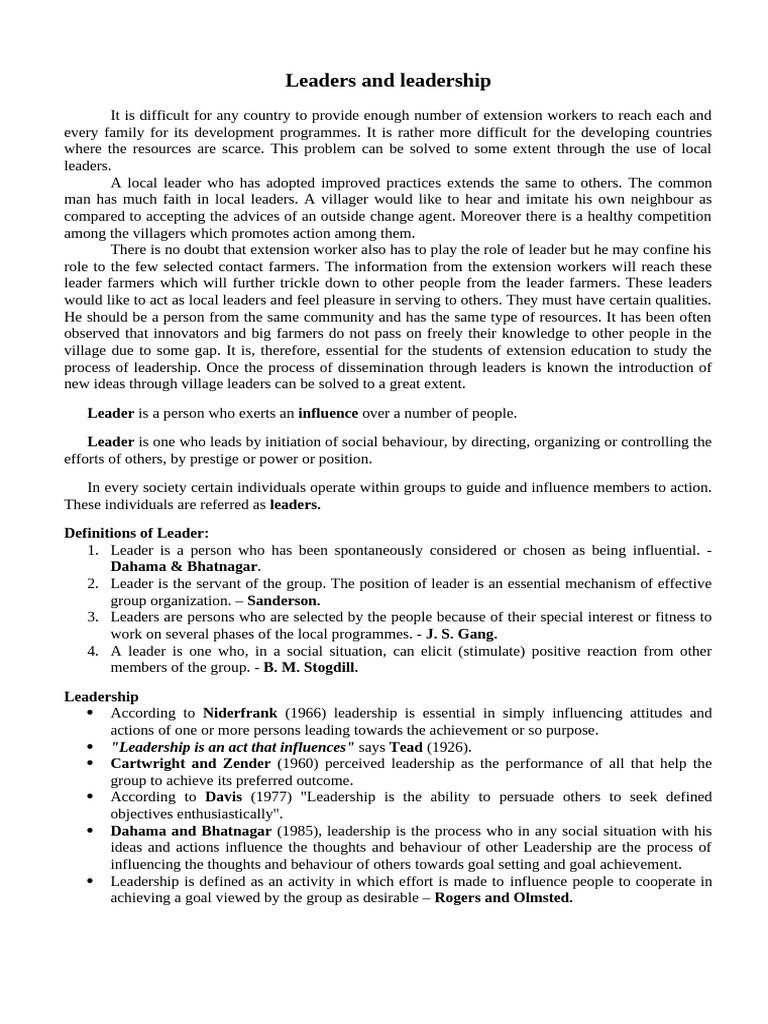 Leaders and leadership for extension education | PDF | Leadership ...