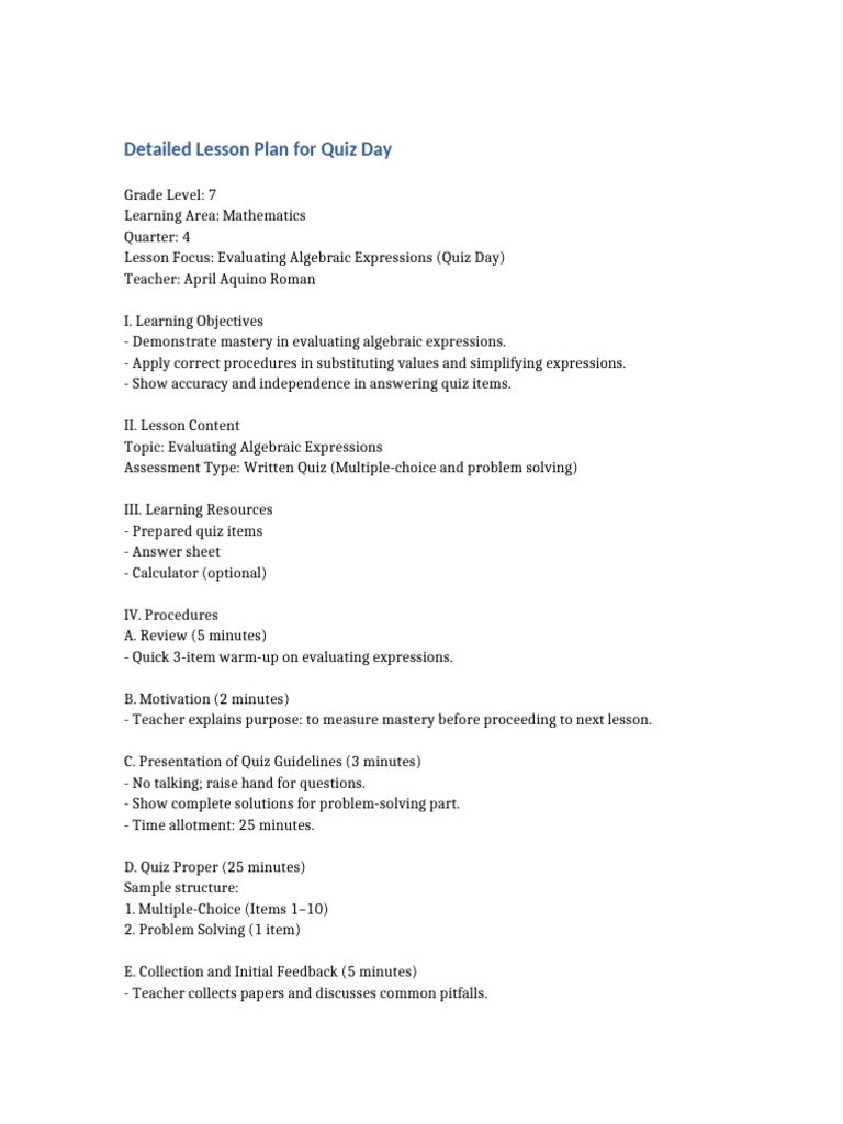 Quiz Detailed Lesson Plan | PDF