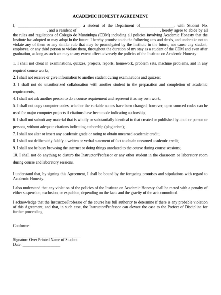 Academic Honesty Agreement - CDM | PDF