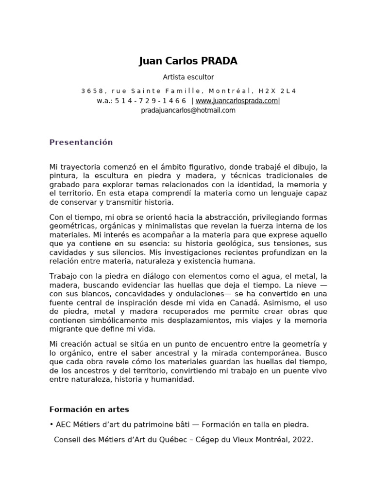 Hoja de Vida Juan Carlos Prada | PDF | Quebec | Las artes