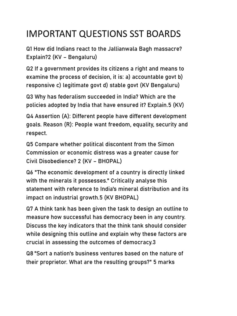 Important Questions SST Boards | PDF