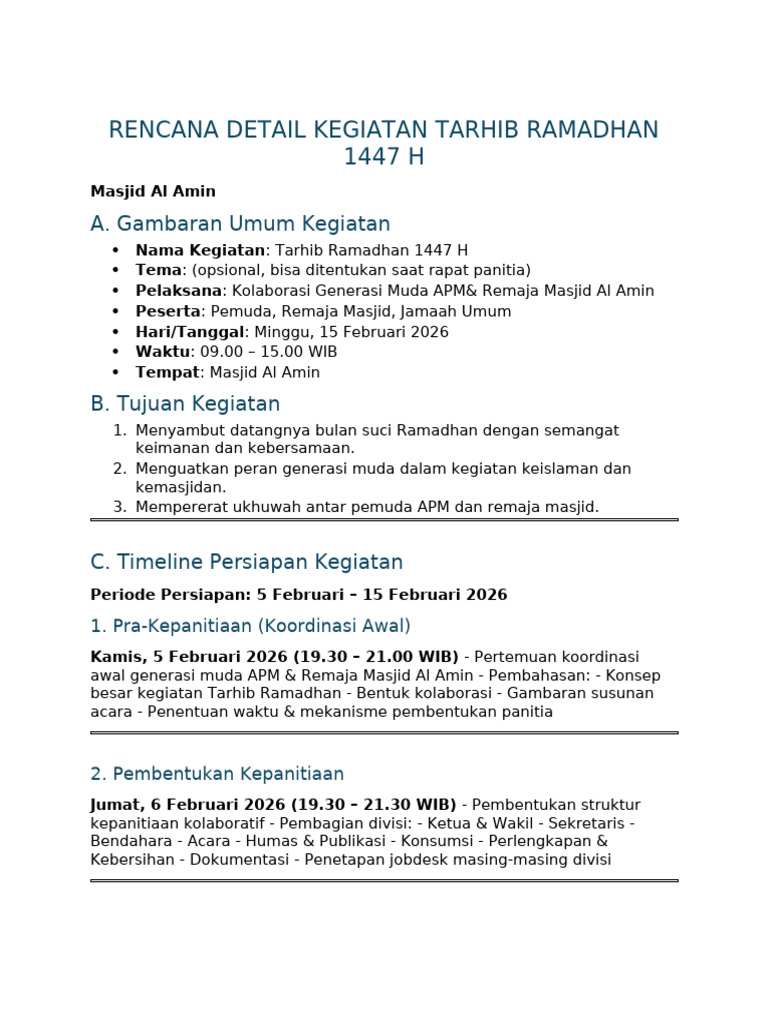 Rencana Kegiatan Tarhib Ramadhan 1447 H Masjid Al Amin | PDF