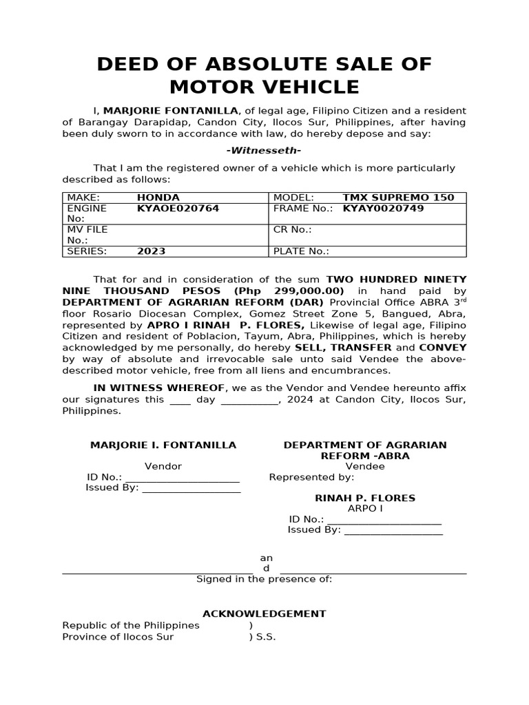 Deed of Absolute Sale of Motor Vehicle TMX Supremo 150 | PDF | Legal ...