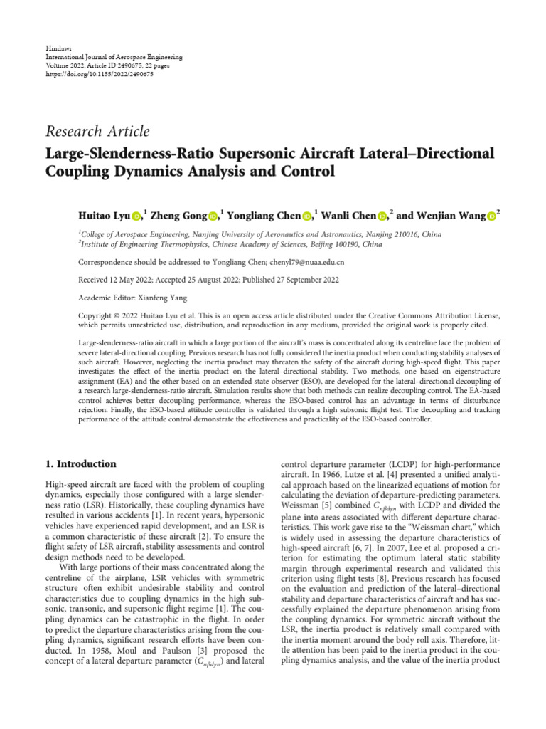 Large-Slenderness-Ratio Supersonic Aircraft Latera | PDF | Stability ...