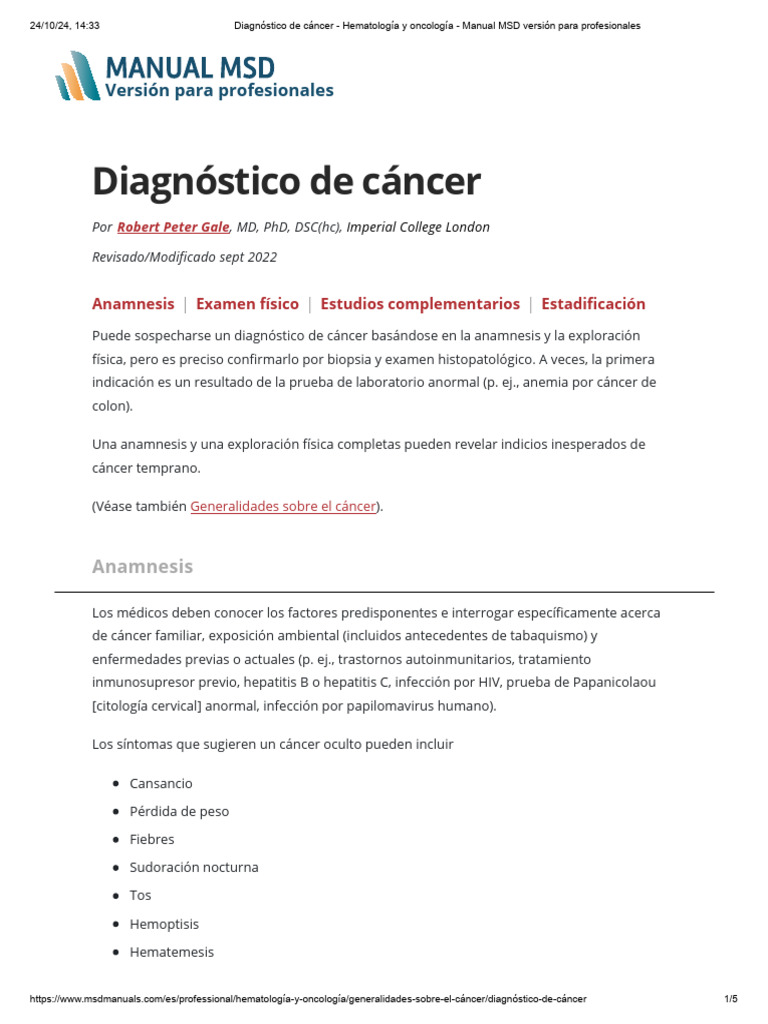 Diagnóstico de Cáncer - Hematología y Oncología - Manual MSD Versión ...