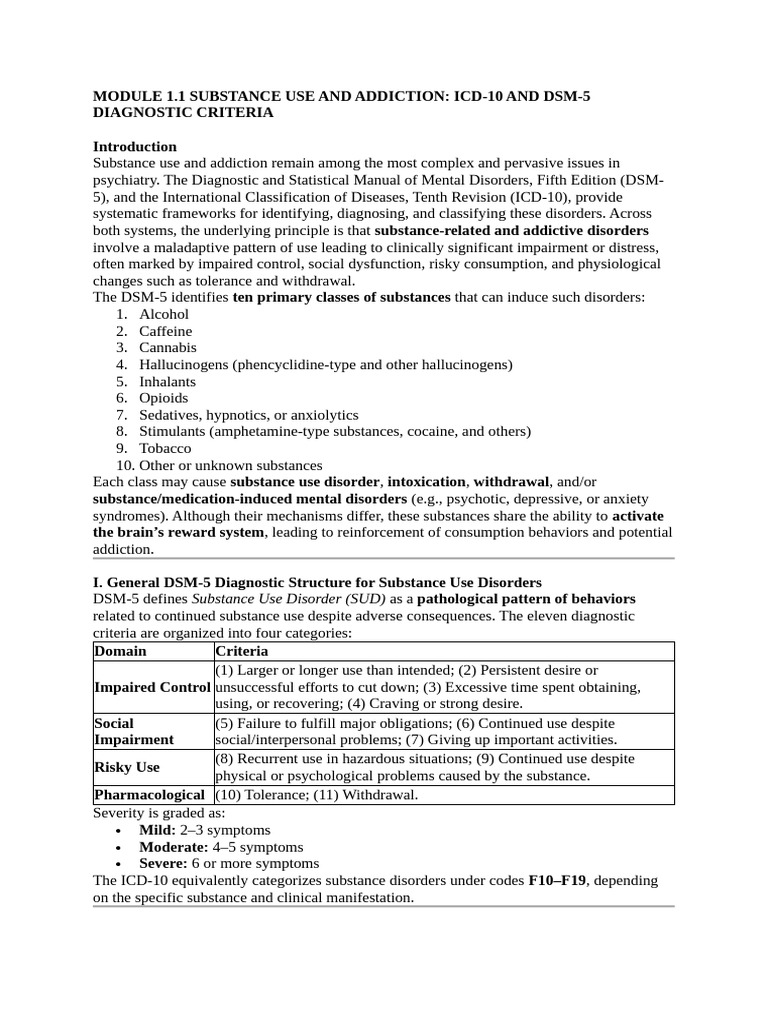 Module 1.1 Substance Use and Addiction - Icd-10 and Dsm-5 Diagnostic ...