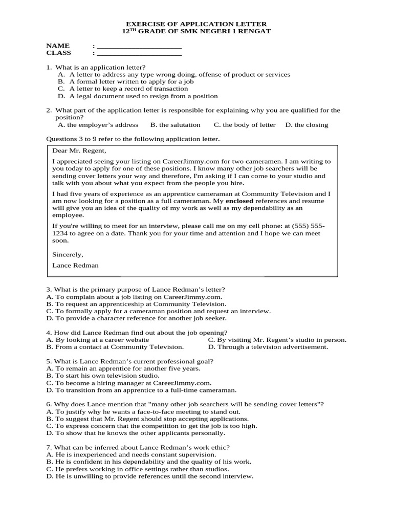 Exercise of Application Letter 2026 | PDF