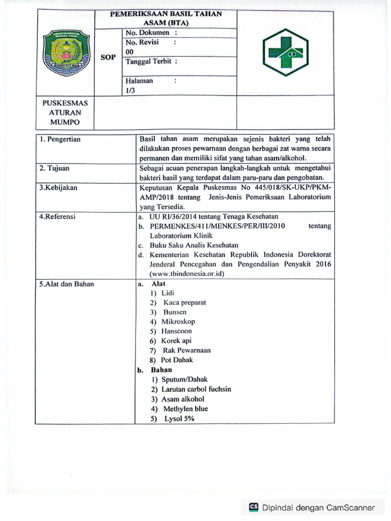 SOP Pemeriksaan BTA | PDF