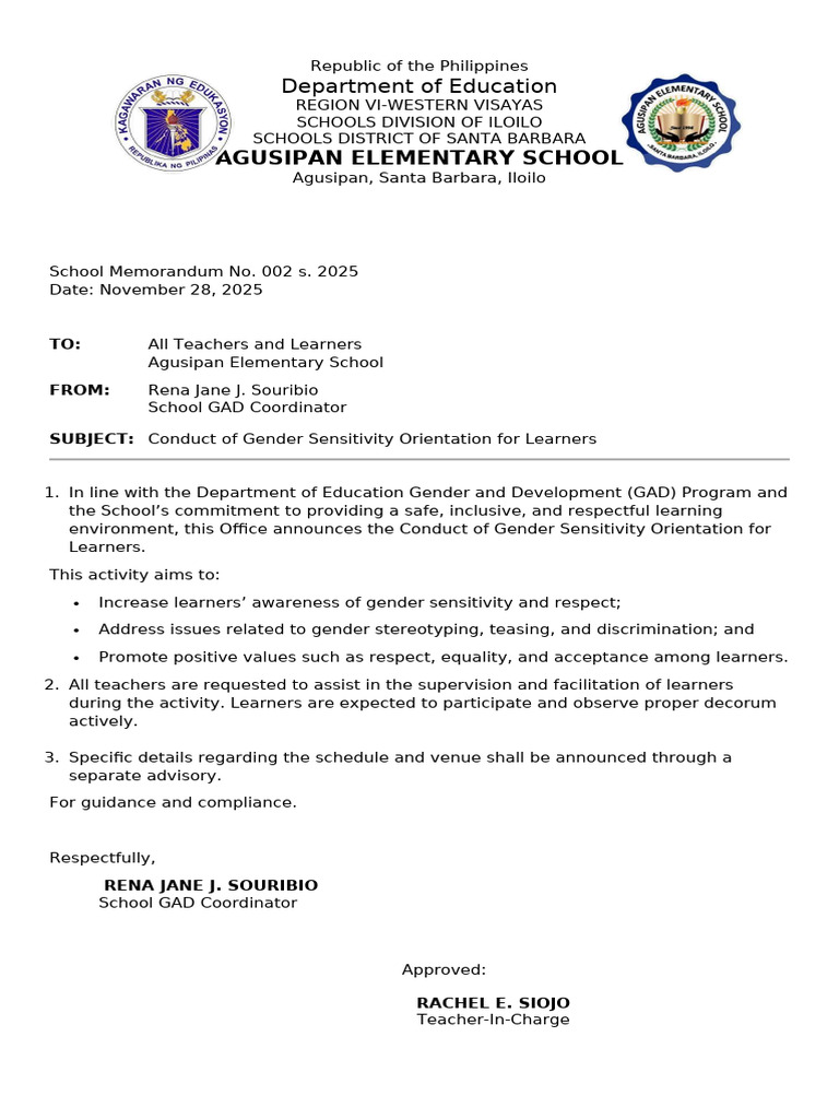 School Memo GAD | PDF | Gender And Development | Emergency Management