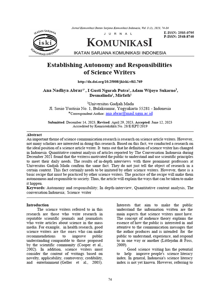 Establishing Autonomy and Responsibilities of Science Writers ...