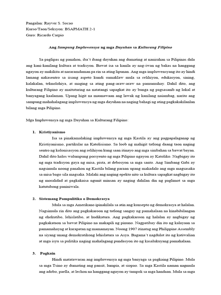 SOCAO-FPK-Mga Impluwensya NG Mga Dayuhan Sa Kulturang Filipino | PDF