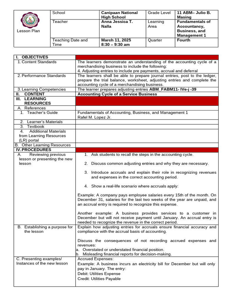 Lesson Plan for Cot Adjusting Entries | PDF | Debits And Credits | Accrual