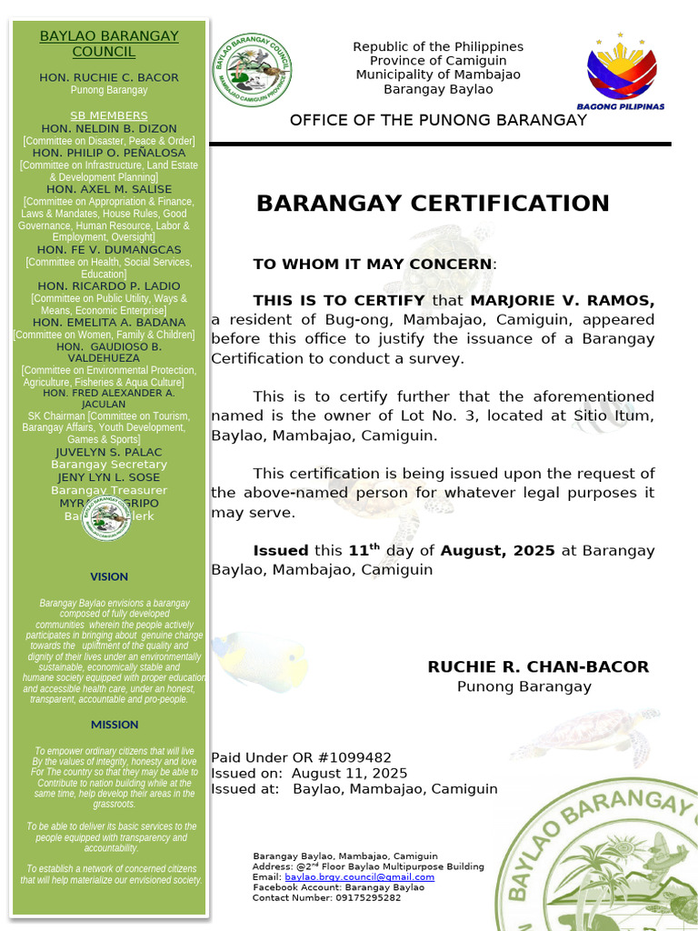 Barangay Certification for (Survey) | PDF | Economies