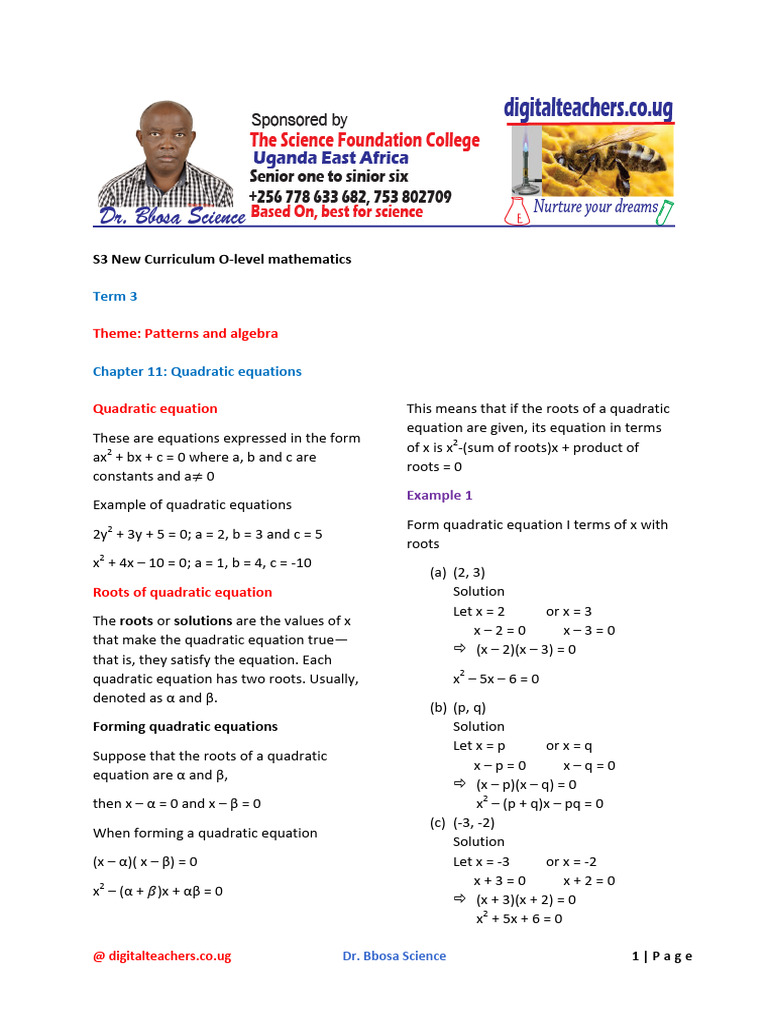 S3 New Curriculum O Level Math Chapter 11 Quadratic Equations | PDF ...