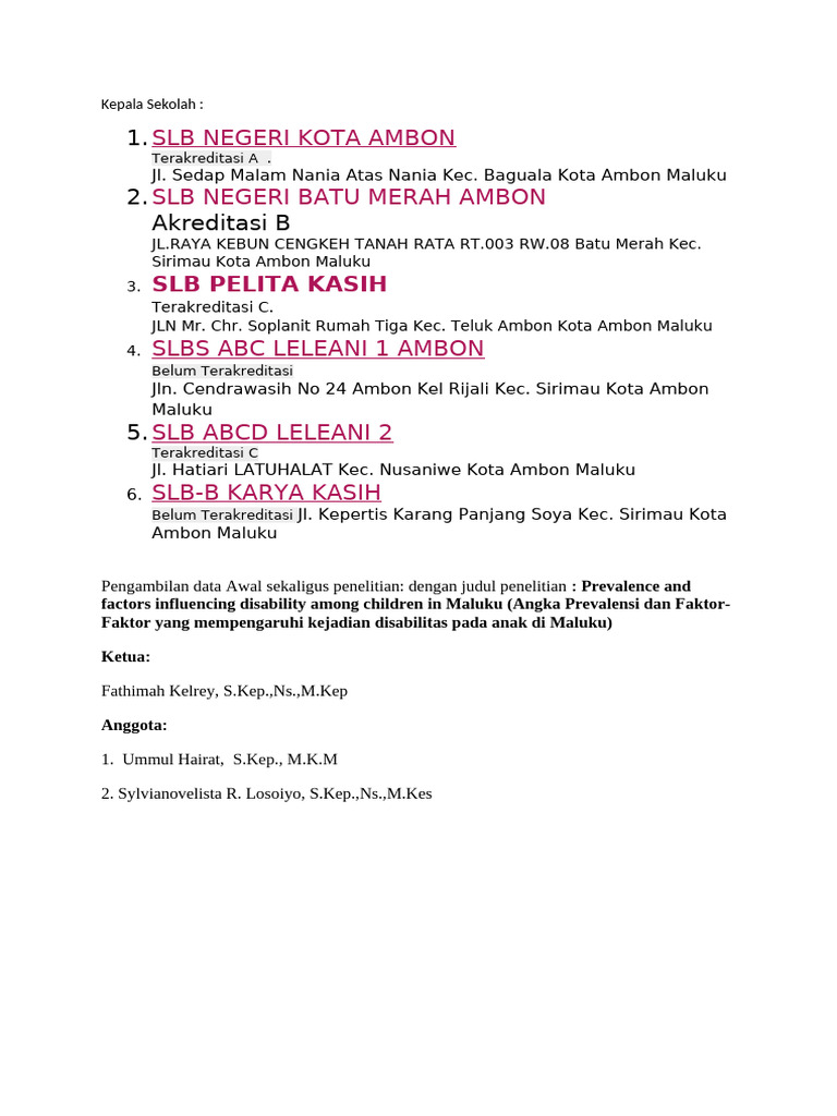 Daftar Sekolah SLB Di Kota Ambon | PDF