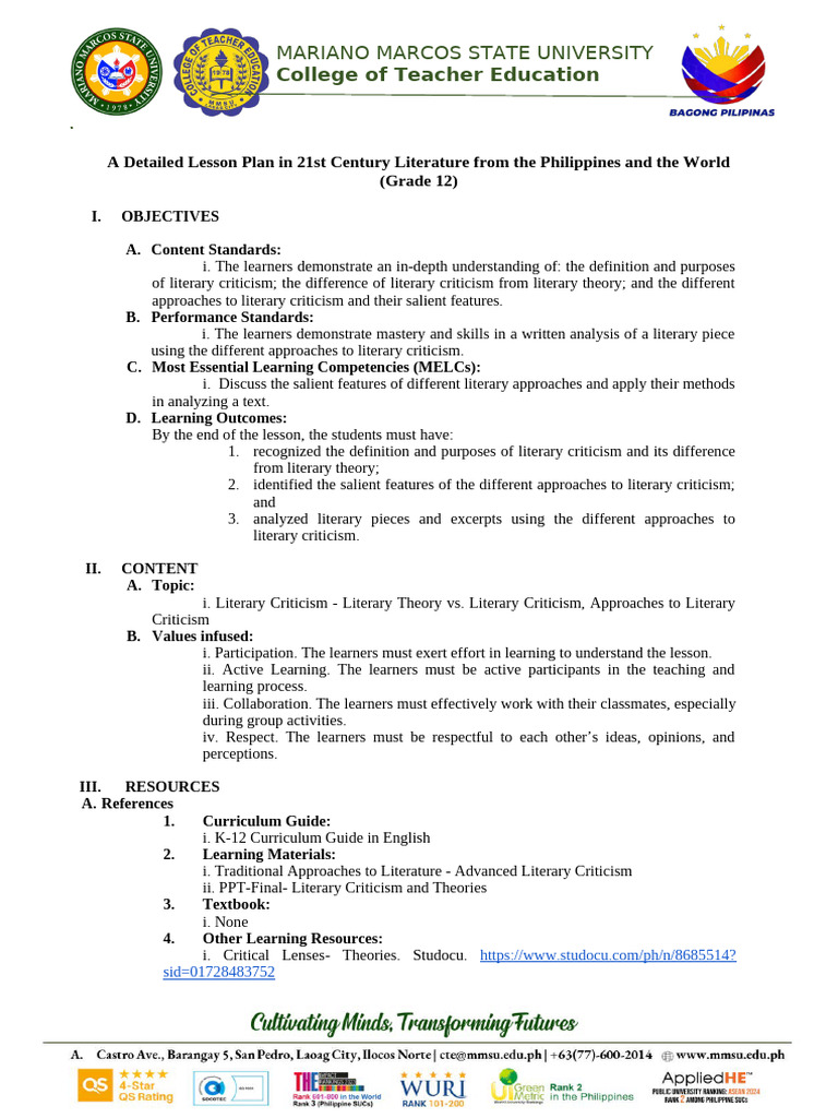 Detailed Lesson Plan in 21st Lit | PDF | Learning | Literary Criticism