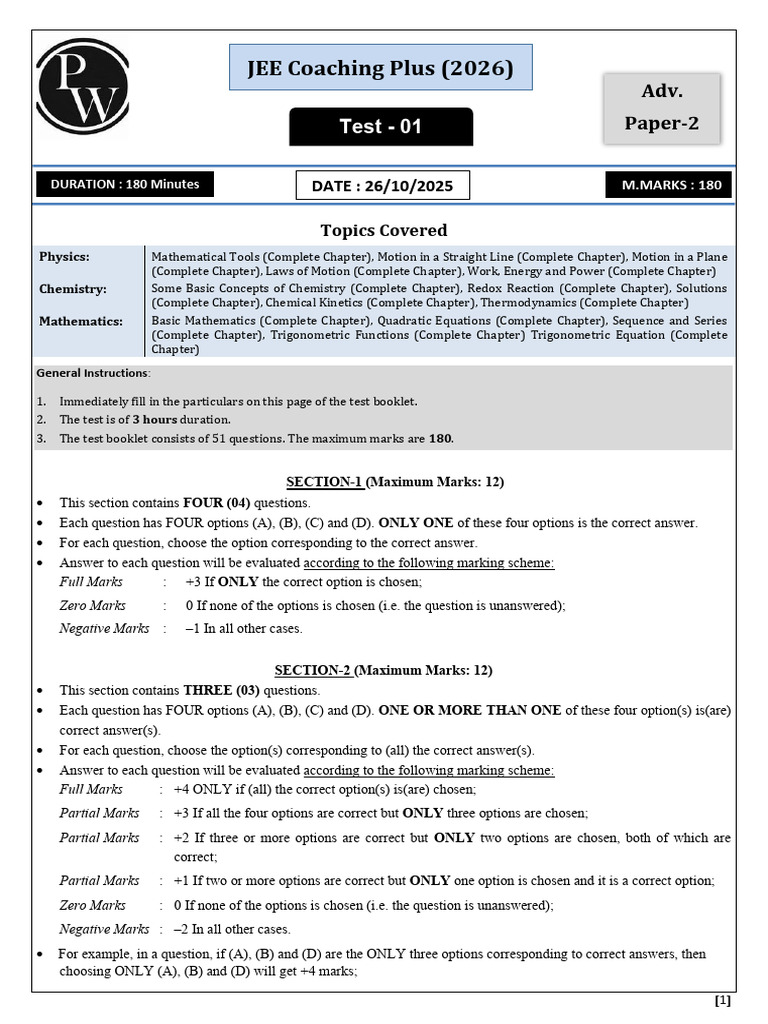 Advanced Practice Test 01 (Paper 02) Test Paper (PCM) | PDF | Force ...