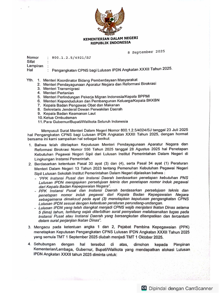 Pengangkatan CPNS IPDN Angkatan XXXII 2025 | PDF