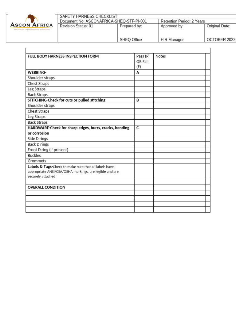 Safety Harness Checklist | PDF